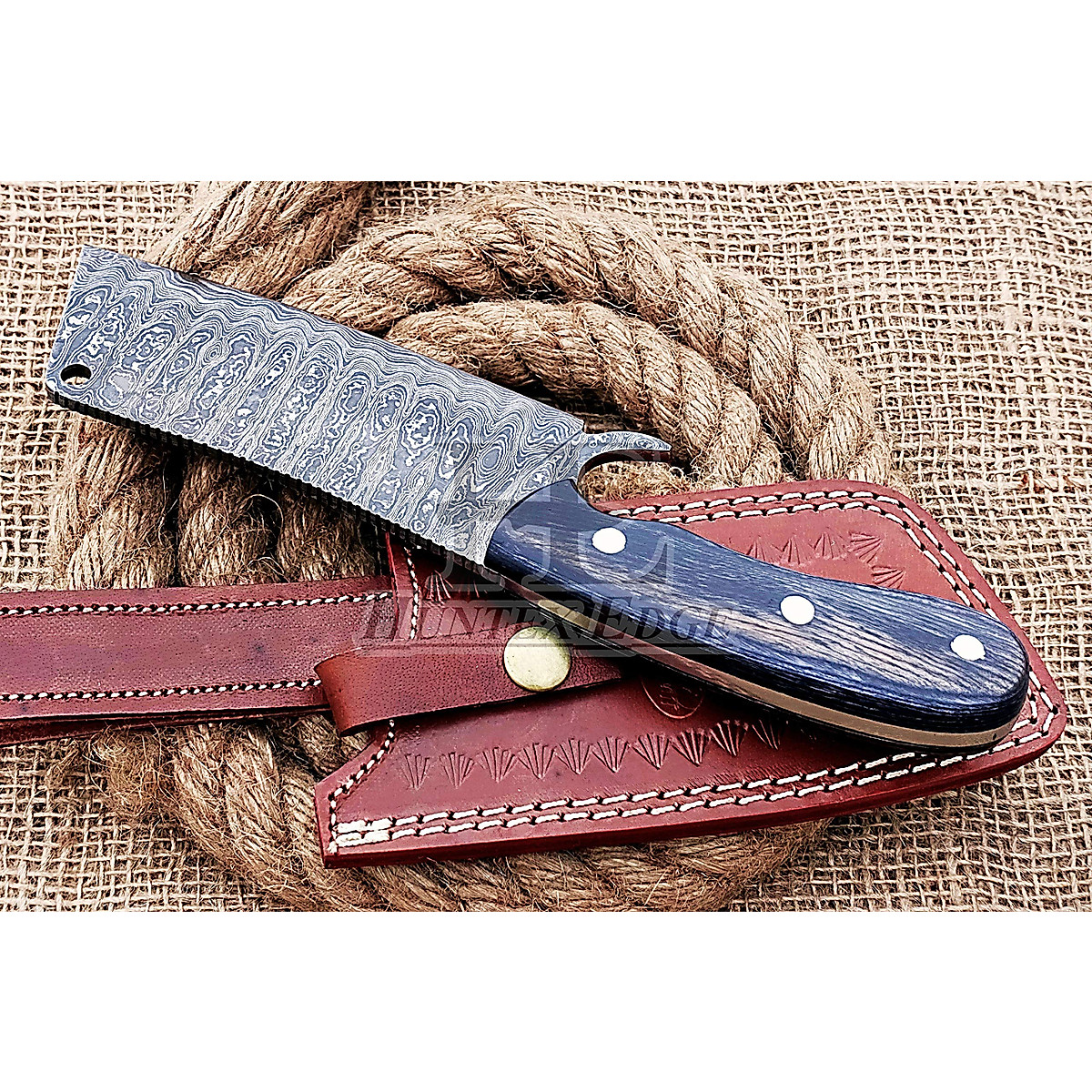 HUNTEX Handmade Hand-Forged Ladder Pattern Damascus Steel 9.5 Inch Long Full Tang Pakka Wood Handle Razor Sharp Hunting Camping Cleaver Knife w/Genuine Leather Sheath