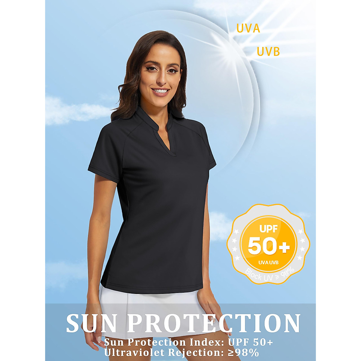 MAGCOMSEN Women's Polo Shirts Short Sleeve Sun Protection Collarless Workout Tops Moisture Wicking T-Shirts Black XL