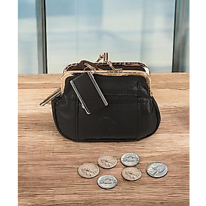 Women's Leather Metal Frame Double Clasp Zipper Coin Purse 5 1/4" x 3 1/4" (Black)