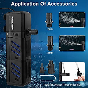 HUJIKF Submersible Aquarium Filter, 12W Fish Tank Filter 4-in-1 Diving Double Layer Filter Adjustable Oxygen Fountain Pump Internal Filter Used for Underwater Fish Tank & Aquarium, black