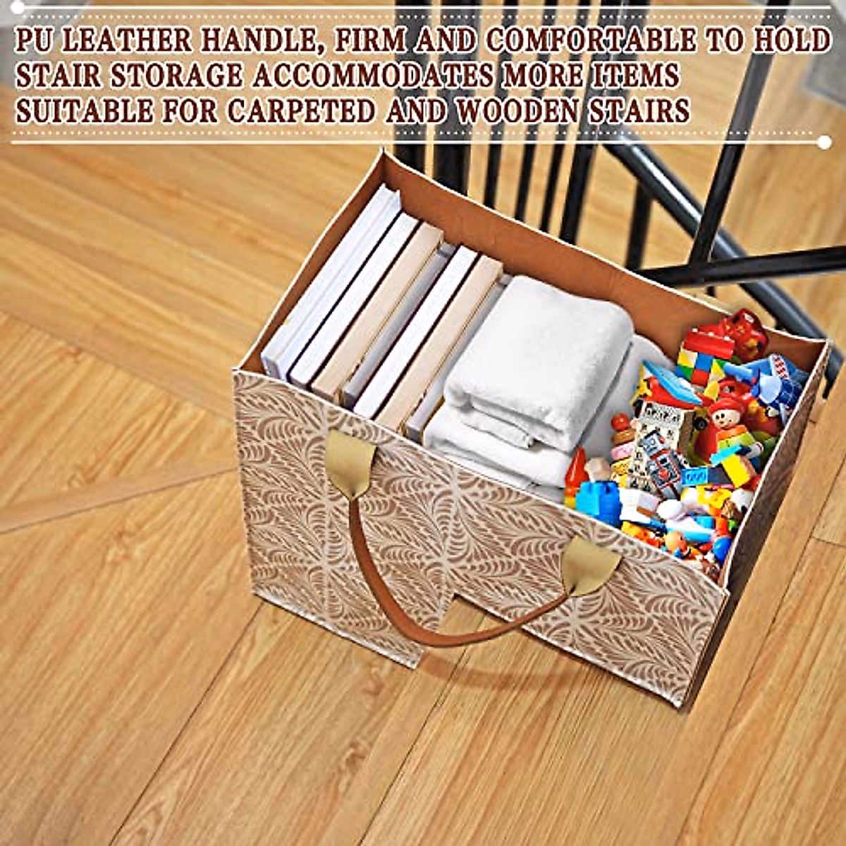 MIXNUS Stair Basket with Handles Felt Staircase Baskets for Carpeted and Wooden Stairsteps Stair Storage Organizer for Laundry Home and Office Decor, Beige