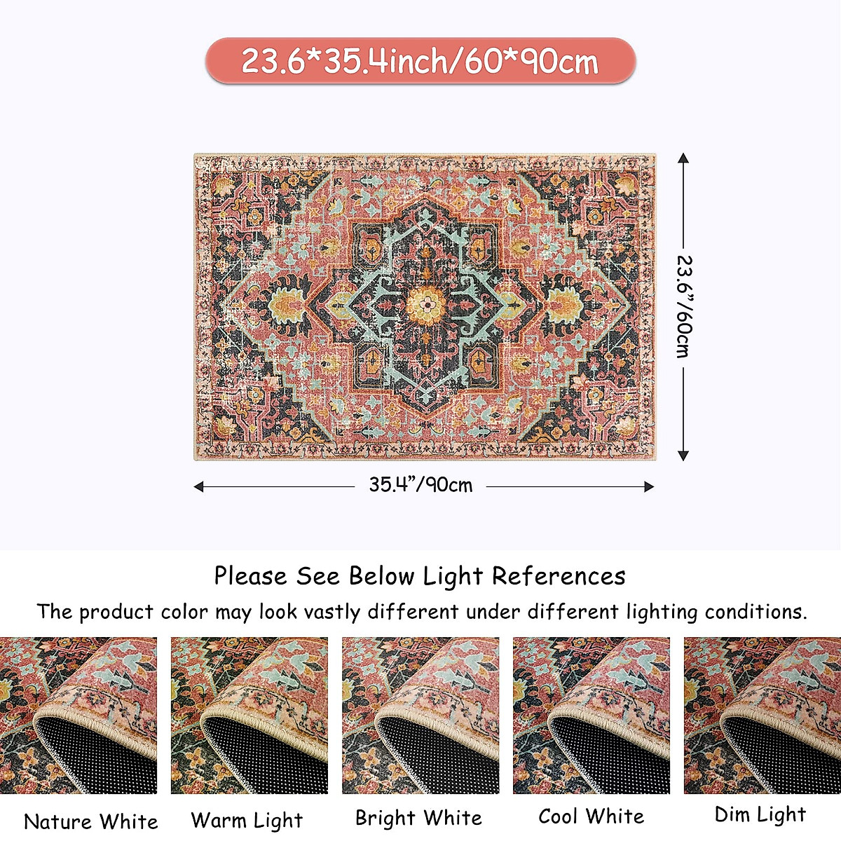 Lahome Washable Hot Pink Kitchen Rugs 2x3 Small Entryway Rug, Bathroom Rugs Non Slip, Bohemian Floral Soft Rubber Backing Low-Pile Indoor Printed Throw Floor Carpet for Bedside Laundry Door