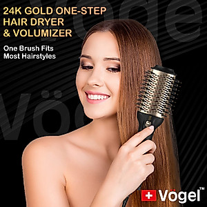 Vögel Nano Titanium Hot Air Brush & Hair Dryer - One Step Volumizer,Professional Blowout for Style and Dry,Incl Clips, Gloves,Gold