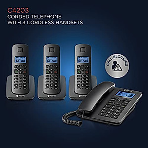 Motorola Voice C42 Corded Phone System + 3 Digital Cordless Handsets w/Answering Machine, Call Block - Black (C4203)