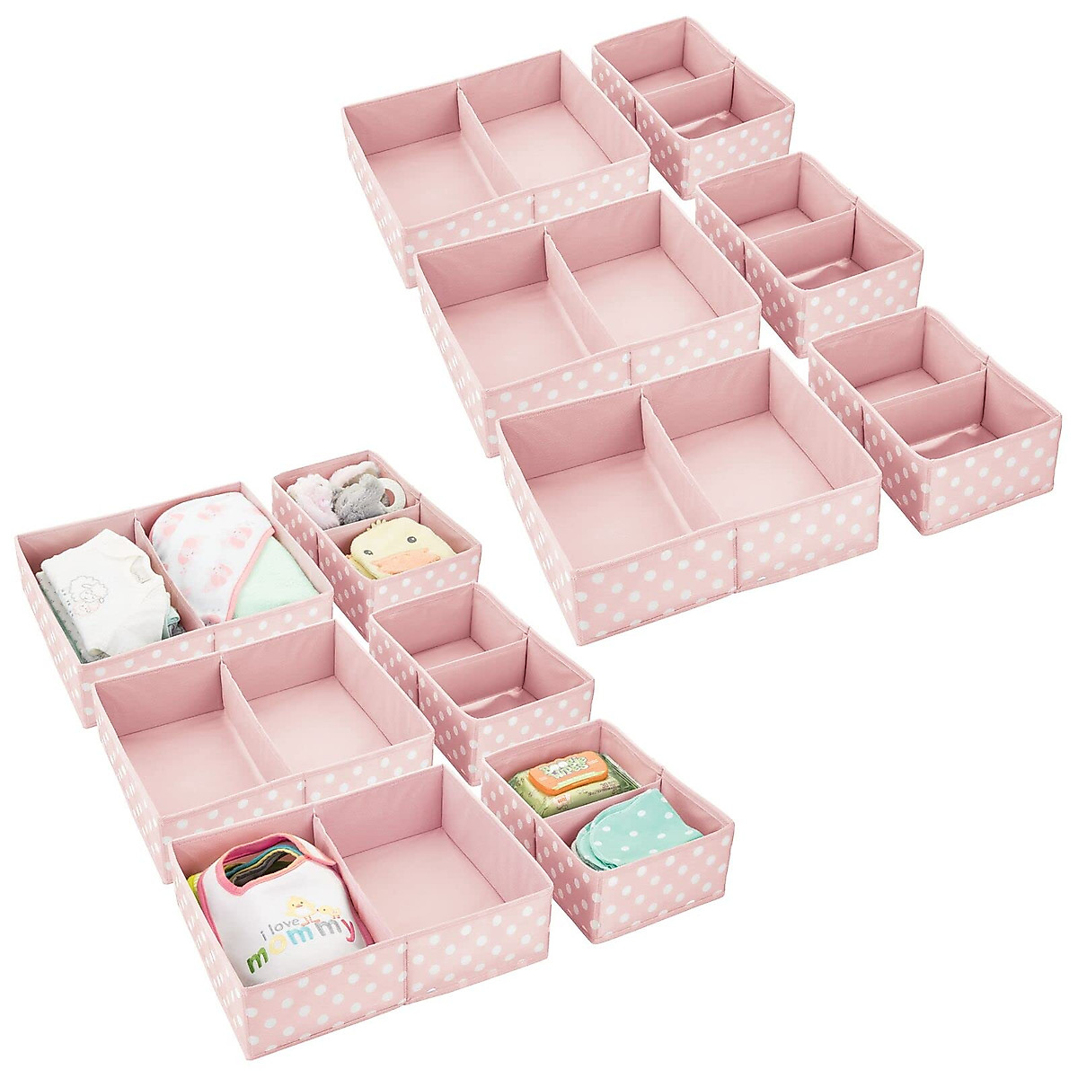 mDesign Fabric Drawer Organizer Bins, Kids/Baby Nursery Dresser, Closet, Shelf, Playroom Organization, Hold Clothes, Toys, Diapers, Bibs, Blankets, Set of 2, 6 Pack, Pink/White Polka Dot