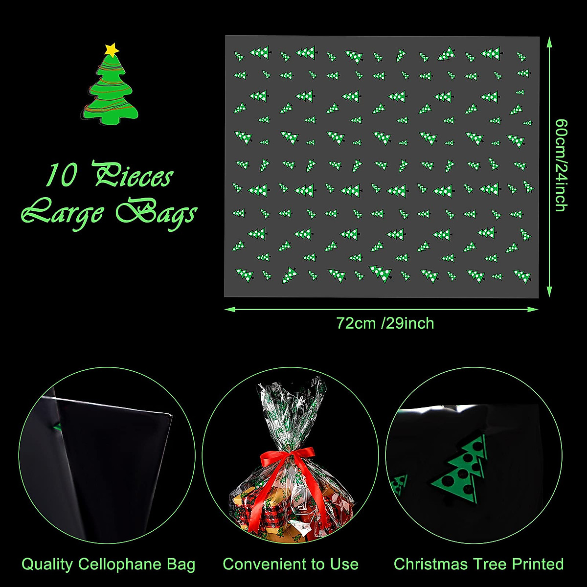 Outus 10 Pieces Christmas Basket Bags Clear Christmas Cellophane Bag with Twist Ties Favors and Treat Bags Tree Pattern Gift Bags for Candies Dessert Gifts Baskets Party Festivals, 24 x 30 Inch