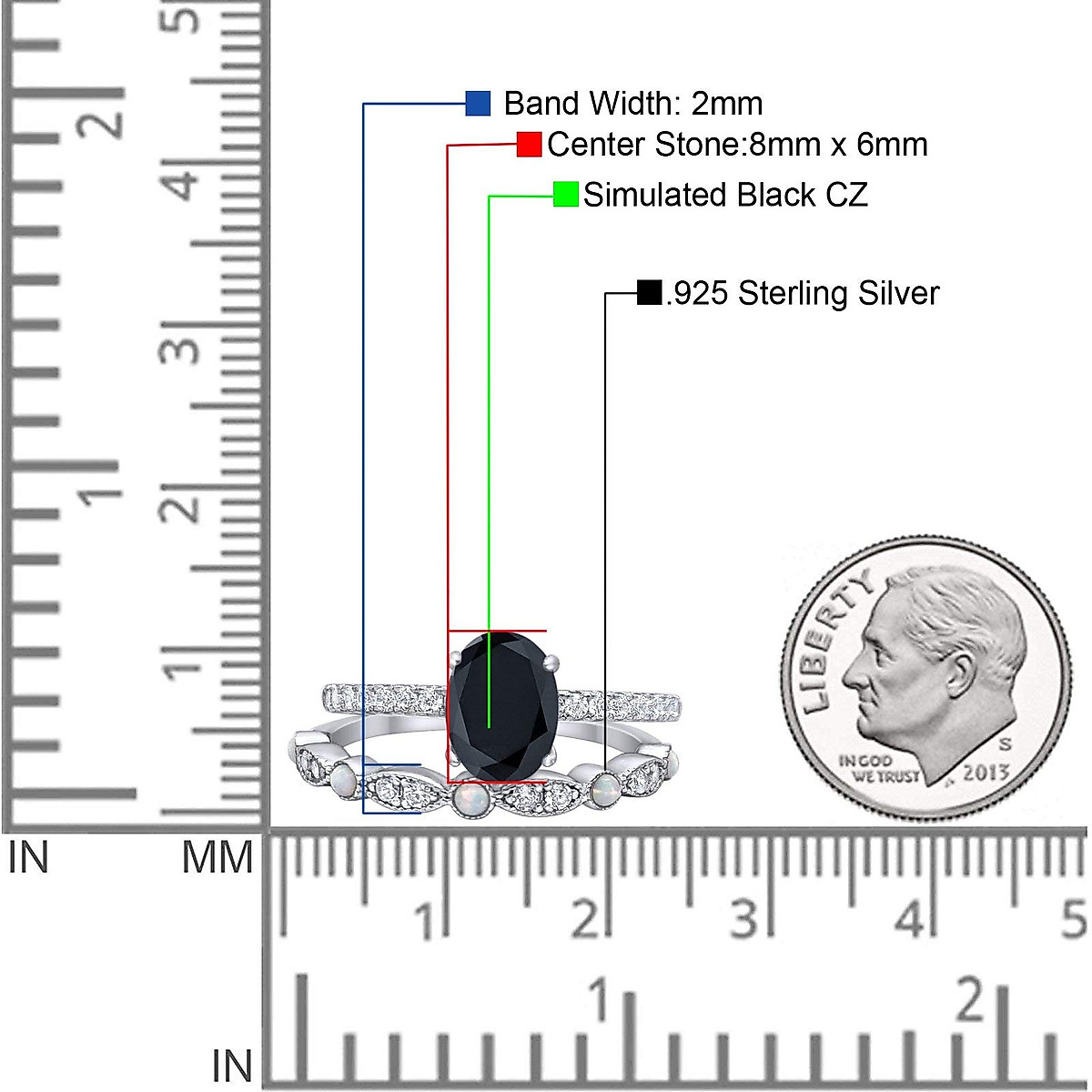 Simulated Black Cubic Zirconia Size-10 Two Piece Oval Art Deco Bridal Set Wedding Engagement Ring Band Round Simulated Cubic Zirconia 925 Sterling Silver