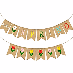 Doumeny Hello Spring Burlap Banner Colorful Spring Bunting Banner Jute Tulip Flower Bunting Garland Spring Theme Party Banner with Flower for Mantle Fireplace Wall Door Party Spring Break Celebration