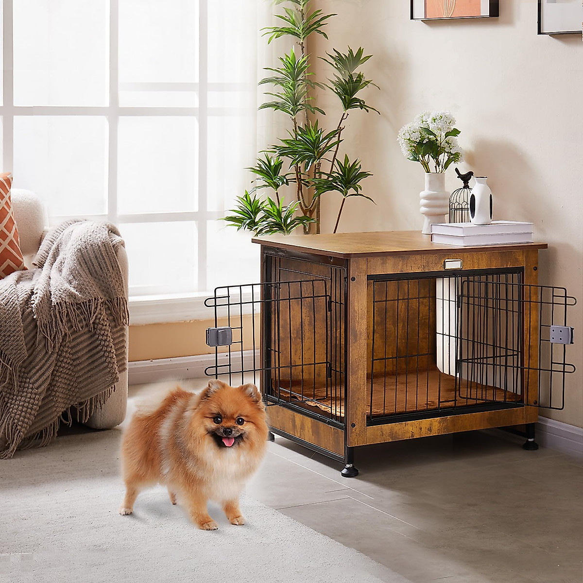 COPAW Dog Crate Furniture - 27 Inch Wooden Wire Pet Kennels with Double Doors Cushion and Adjustable Feet Indoor Pet House End Table Furniture Style Dog Crate for Small Medium and Large Breeds Dogs