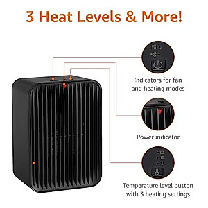 Amazon Basics Ceramic Space Heater, Electric Heater for Indoor Use With 3 Heat Settings, Temperature Control, Lightweight (1.7 LBS), 520W, 5.1"L x 3.5"W x 7"H
