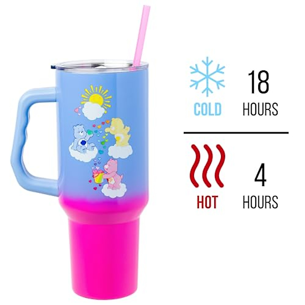 Silver Buffalo Care Bears Featuring Grumpy Bear, Funshine Bear, and Love-A-Lot Bear Heart Showers Ombre Stainless Steel Tumbler with Handle and Straw, Fits in Standard Cup Holder, 40 Ounces