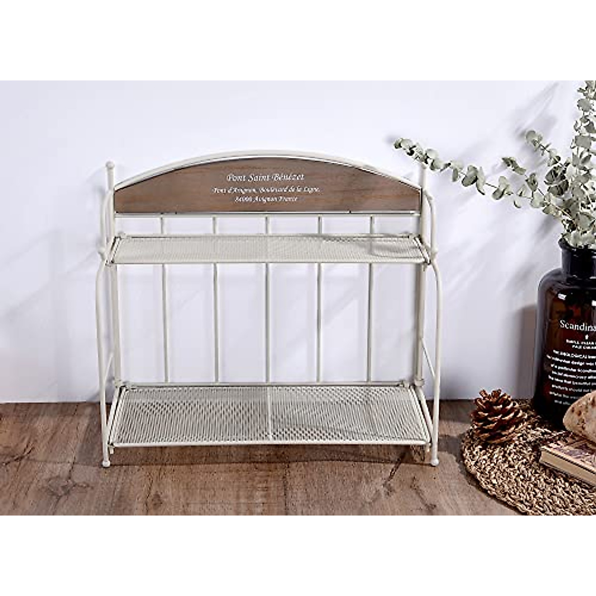 Funly mee 2 Tier Kitchen Countertop Spice Rack, Bathroom Metal and Wood Foldable Shelf Organizer (Rustic White)