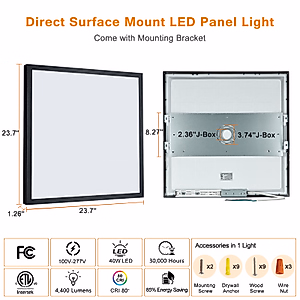 Mcacggo Black 2x2 Surface Mount LED Panel Lights, 40W-30W-20W & 5000K-4000K-3000K Selectable, 0-10V Dimmable, Square, for Kitchen, Shop, 100-277V, ETL, 2 Pack