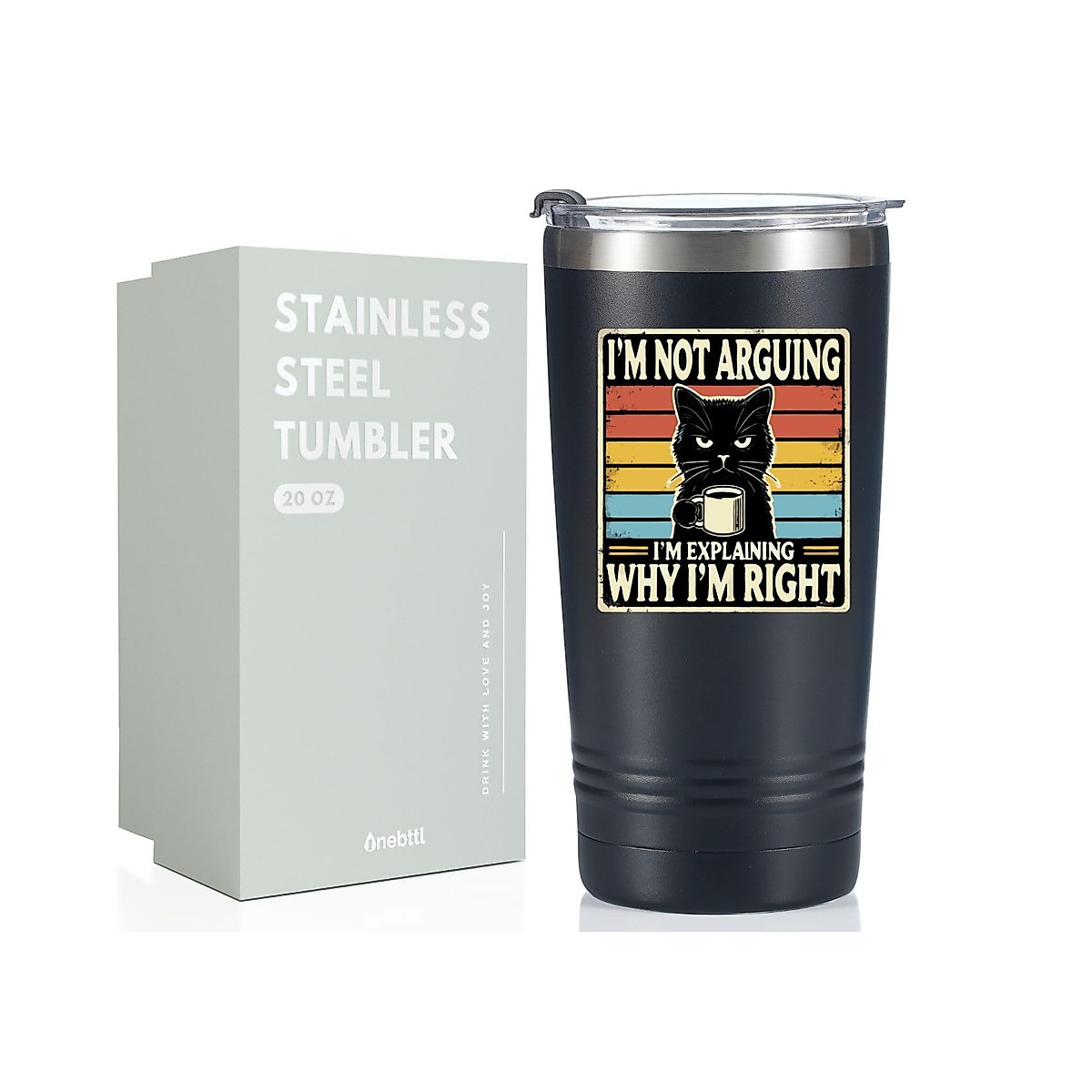 Onebttl Black Cat Gifts for Cat Lovers, Insulated Stainless Steel Tumblers with Lids and Straws, Funny gifts for Cat Mom, Dad on Birthday, Christmas, 20 oz, Black, I'm not arguing