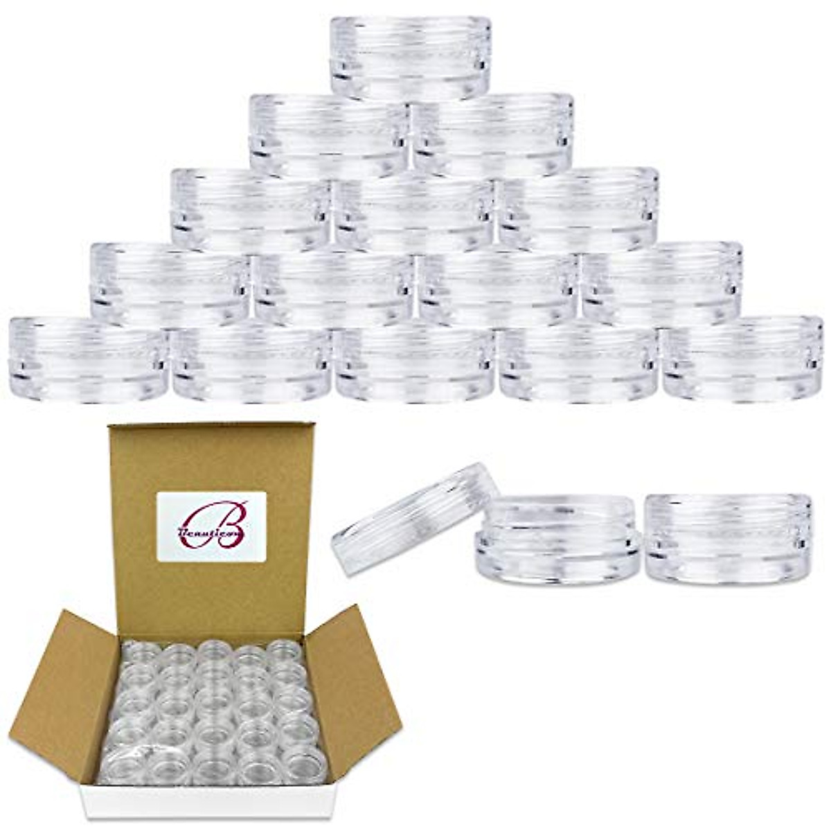 Beauticom 3g/3ml (0.1 Fl Oz) Round Clear Plastic Jars with Round Top Lids for Creams, Lotions, Powders, Glitters, and more. (Color: Clear Lid, Quantity: 50 Pieces)