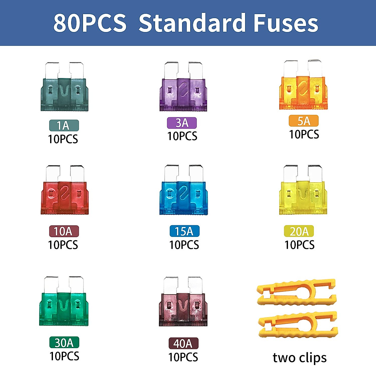 ZIPCCI 80 Pcs Standard Car Fuse, Fuses Assortment kit(1A/3A/5A/10A/15A/20A/30A/40AMP) Automotive Blade Fuse for RV, Truck, Marine, Auto Accessories