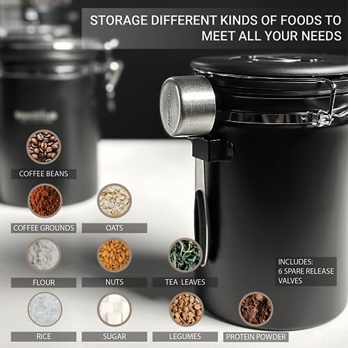 NoctiXus Stainless Steel Coffee Canister/Container for Airtight Food Storage with Date Tracker. Scoop and Release Valves Included. 22 Oz. Black