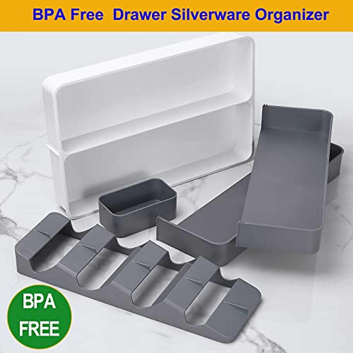 drawer tray expandable knife organizer Adjustable cutlery fork tray gift kitchen holder silverware organizer for utensils holder DIY organizer for silverware knives (White-Gray, Large)