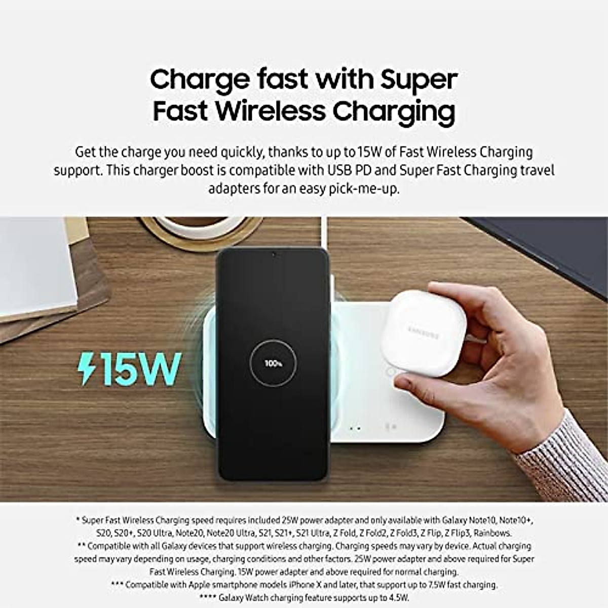 SAMSUNG 15W Wireless Charger Duo w/ USB C Cable, Charge 2 Devices at Once, Cordless Super Fast Charging Pad for Galaxy Phones and Devices, 2022, US Version, White