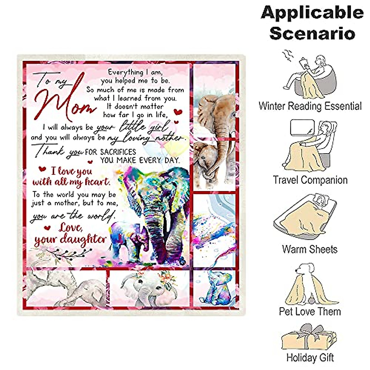 Gifts for Mom from Daughter Birthday Mom Gifts Elephant Mom Blanket - Soft Throw Blankets for Couch Bedroom