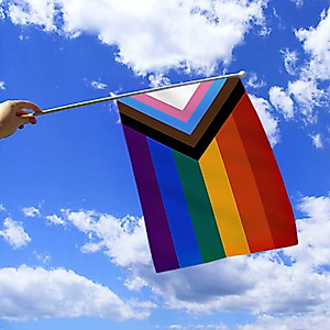 Anley Progress Rainbow Pride Mini Flag 12 Pack - Hand Held Small Miniature Rainbow Transgender Flags on Stick - Fade Resistant & Vivid Colors - 5x8 Inch with Solid Pole & Spear Top