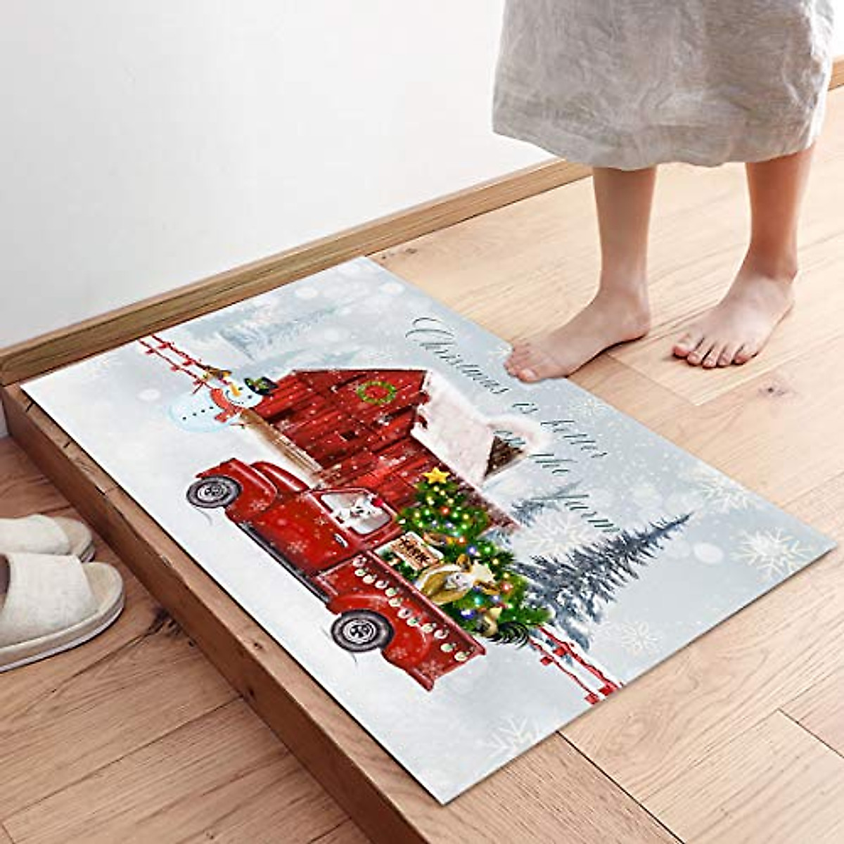 2 Piece Farm Animal Kitchen Rug Set Merry Christmas Indoor Floor Mats for Winter, Xmas Door Mat Runner Rug Carpet Mat for Kitchen Home Decor (15.7" x 23.6"+15.7" x 47.2") - Red Truck Snowy Retro Barn