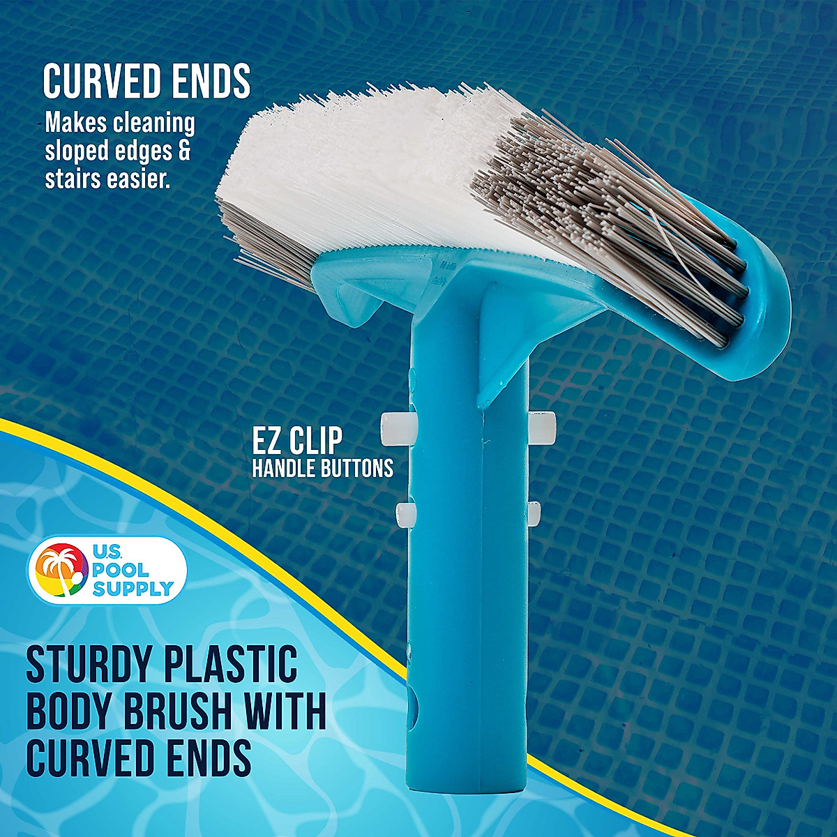 U.S. Pool Supply Professional 16" Floor & Wall Pool Brush with Nylon Bristles, Curved Ends, EZ Clip Handle - Cleaning Removing Sweeping Leaves & Debris from Walls, Floors, Steps - Pool Maintenance