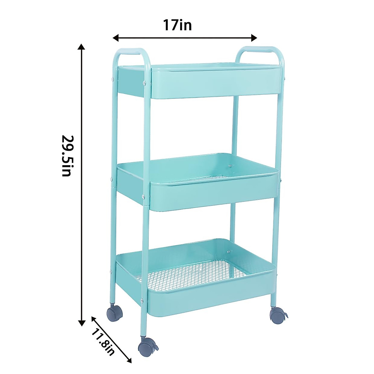 XIUSHE 3-Tier Metal Utility Cart Rolling Storage Organizer, Blue, Portable, Sturdy, Indoor Use