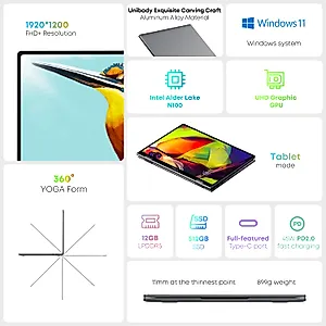 CHUWI 2023 MiniBook X Touchscreen 2-in-1 Laptop, 12GB RAM 512GB ROM, Intel Celeron N5100, 10.51" Windows 11 Convertible Laptops, 1TB SSD Expand, 1920x1200, Backlit Keyboard, WiFi 6, BT5.2, Webcam