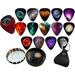 14-Pack Space Universe Guitar Picks Medium .71mm Pack of 14 Epic Guitar Picks with BONUS Guitar Pick Holder (will be random color) Leather Guitar Pick Keychain Holder and Tin Carrying Storage Case