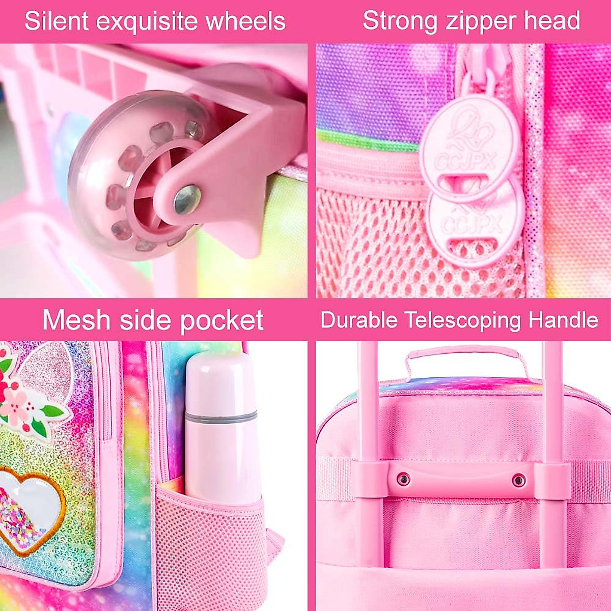 FTJCF 2PCS Kids Suitcase Set for Girls, 18" Cute Rainbow Sequin Unicorn Carry on Luggage with Wheels, Children Travel Rolling with 12" Toddler Backpack