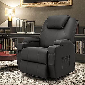 YESHOMY Power Lift Recliner Chair with Massage and Heating Functions, PU Leather Sofa with Remote Control and Two Cup Holders, Suitable for Living Room, Dark Black