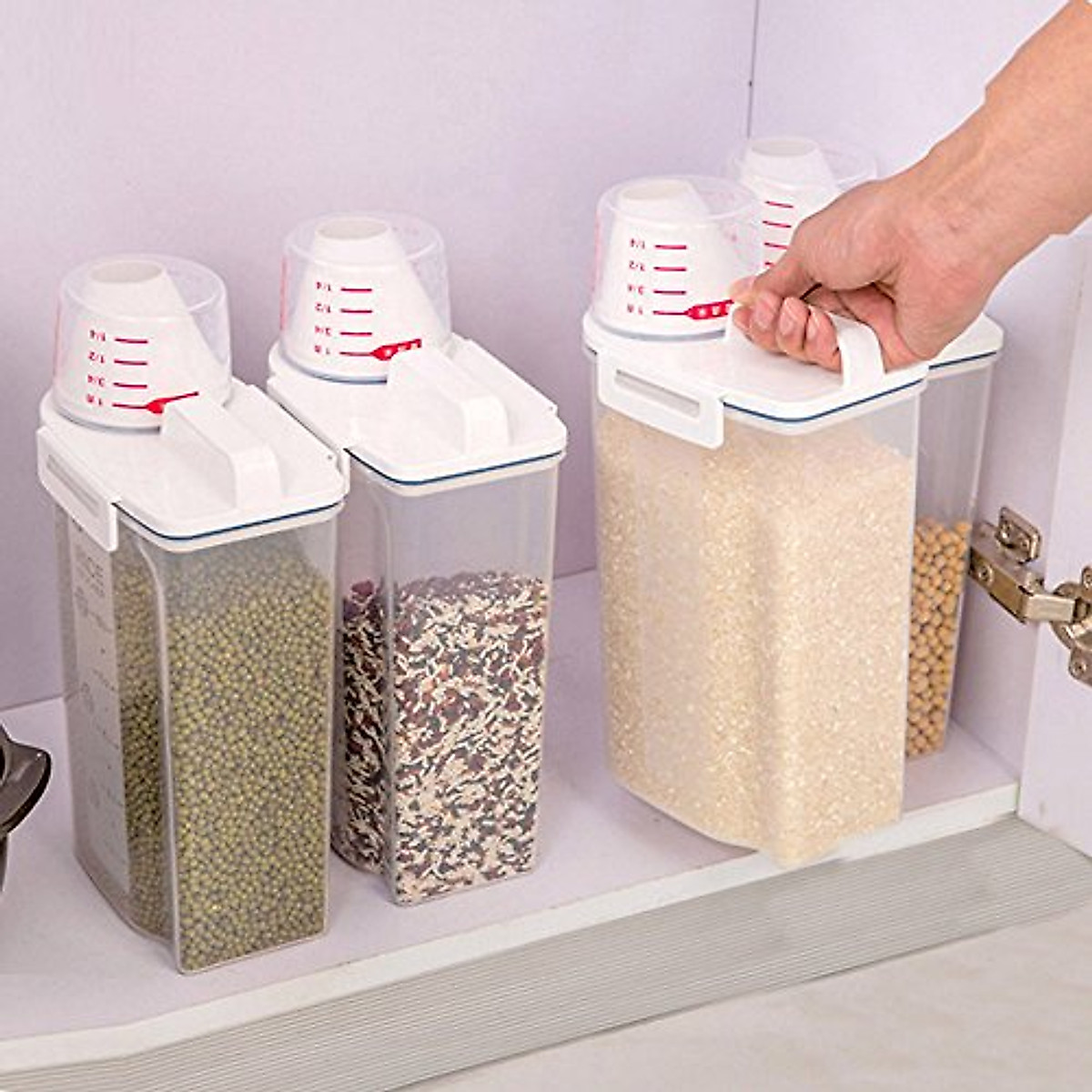 Airtight Food Storage Container with Lids 2L, Cereal Dispenser Rice Bin, Clear Plastic Storage Box with Airtight Design Measuring Cup Pour Spout, for Kitchen Flour Rice Sugar, Keeps Food Fresh Dry