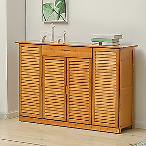MoNiBloom Bamboo Shoe Storage Cabinet Shelf Stand with 2 Double Shutter Doors & 1 Drawer for 26-30 Pairs Entryway Hallway Living Room Bedroom, Brown