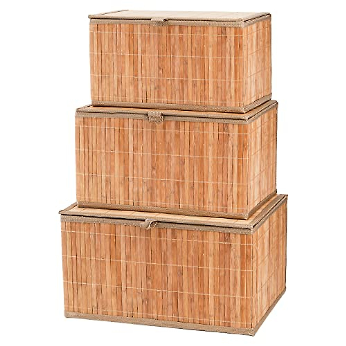 SOUJOY Set of 3 Bamboo Decorative Storage Basket with Lids, Rectangle Storage Bins, Handwoven Wicker Lidded Basket with Cloth Liner for Desk Bedroom Shelf Organizer