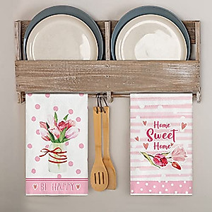 Artoid Mode Home Sweet Home Love Pink Tulip Mother's Day Kitchen Towels Dish Towels, 18x26 Inch Be Happy Flower Vase Decoration Hand Towels Set of 2