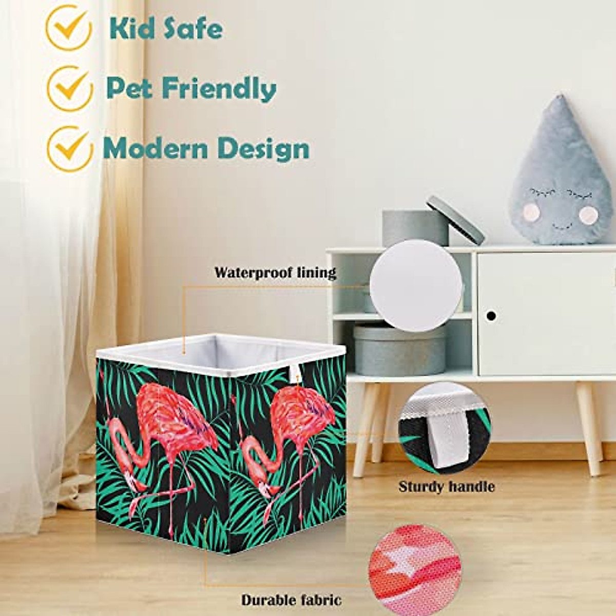 visesunny Closet Baskets Pink Flamingo Green Tropical Leaf Storage Bins Fabric Baskets for Organizing Shelves Foldable Storage Cube Bins for Clothes, Toys, Baby Toiletry, Office Supply