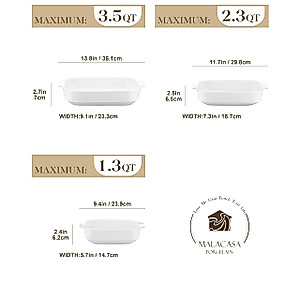 MALACASA Casserole Dishes for Oven, Porcelain Baking Dishes Set of 3, Durable Casserole Dish Set Lasagna Pan Deep, Ceramic Bakeware Sets with Handles, White (13.8''/11.7''/9.4''), Series Bake