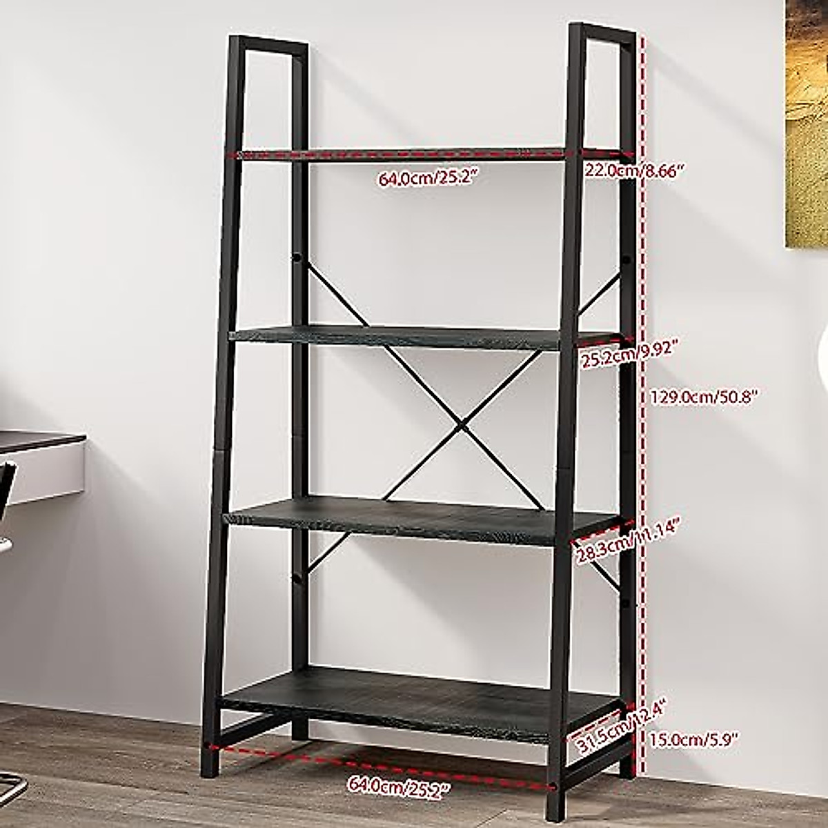 SORCEDAS Book Shelf 4-Tier Bookcase Tall Bookshelf Industrial Ladder Shelf Storage Organizer for Bedroom,Living Room (Black)