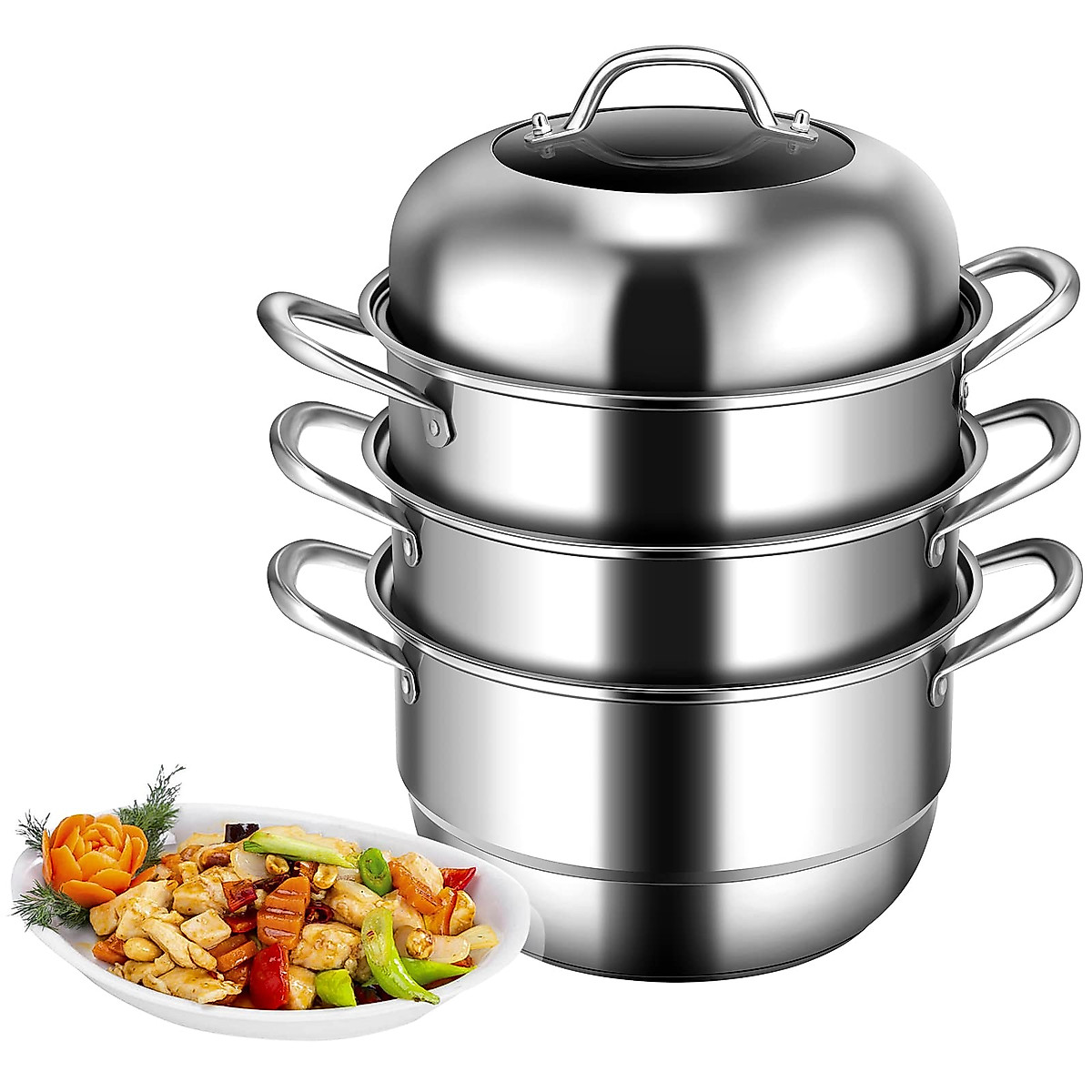 PETSITE 3-Tier Stainless Steel Steamer Pot, 11" Multi-Layer Cooking Pot, Steam Pot with Handles & Tempered Glass Lid, Steamer for Cooking