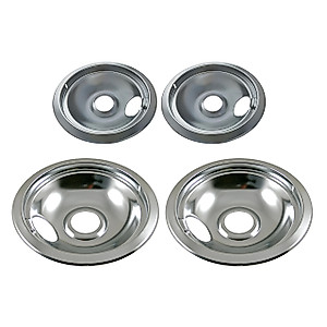 KITCHEN BASICS 101 Made in the USA 316048413 & 316048414 Range Burner Chrome Drip Pans Replacement for Frigidaire Kenmore Electric Stove w/Locking Slots, 2 Small 6-Inch & 2 Large 8-Inch Pans, 4 Pack