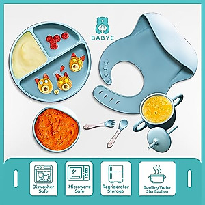BABYE Silicone Baby Feeding set, Baby led weaning supplies, Baby spoons, Sippy cup, Toddler utensils, toddler plates, baby bowls, feeding supplies, Snack cups, Baby bibs