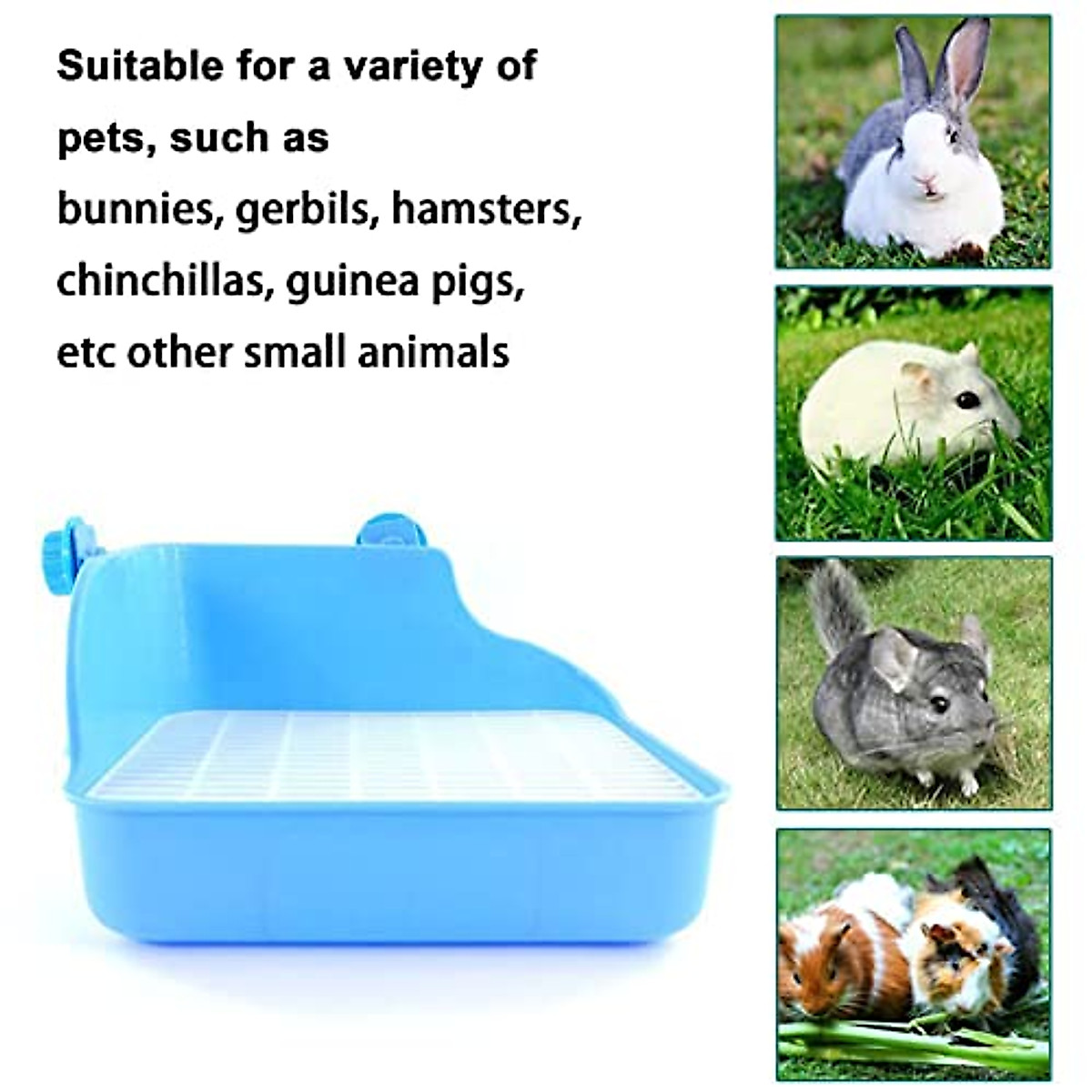 Lucky Interests 2 pcs Rabbit Litter Box, Hanging Bunny Corner Small Animal Toilet Potty Trainer with Pet Crate Bowl and Spoon, Mini Broom & Dustpan, Disposable Cage Liner for Guinea Pigs (Blue, Green)