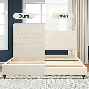 Jocisland Upholstered Bed Frame Queen Velvet Tufted Sleigh Headboard Cream