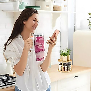 GKCLOCK 40 oz Tumbler with Handle and Straws, Insulated Reusable Stainless Steel Travel Coffee Mug Water Bottle for Office & Outdoor, Cupholder Friendly (Pink Camouflage Style)