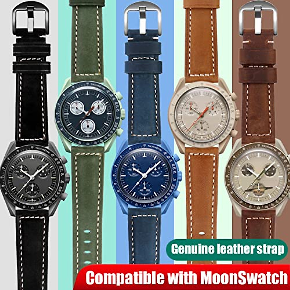 Bands for Moonswatch Watch,Leather Strap Compatible with Omega X Swatch Moonswatch Speedmaster/Rolex/SEIKO Etc 20mm Watch,Quickly Release Swatch Omega Moonswatch Leather Replacement Band