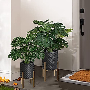 Oakrain Mid Century Planters for Indoor Plants, Set of 2, Modern Decorative Metal Planter Pots for Living Room, Office, Garden or Balcony, Black Planter with Stand, 8 inch & 10 inch