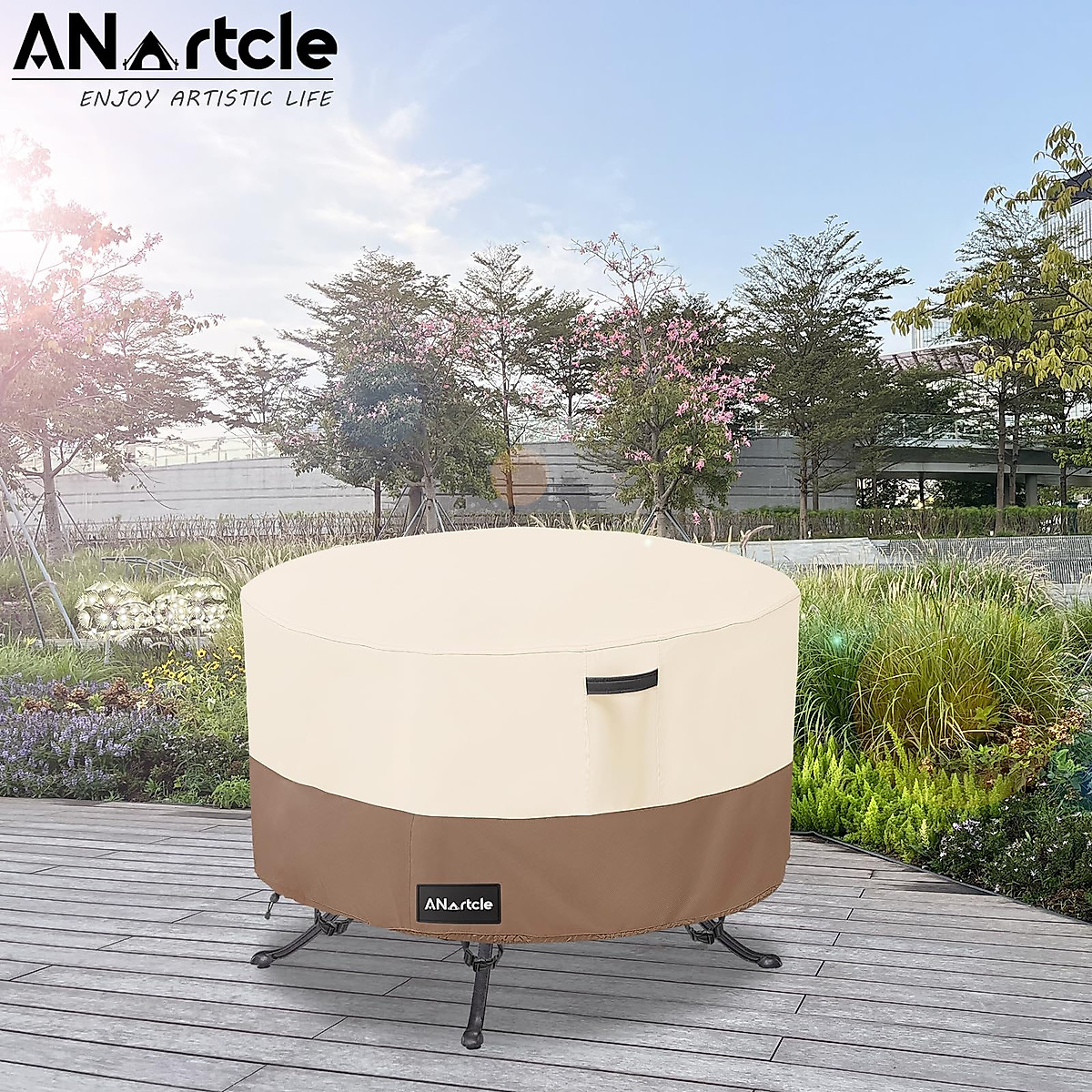 ANartcle Round Patio Table Covers 50inch,100% Waterproof 600D Heavy Duty Round PatioTable Cover,Round Patio Table Covers for Outdoor Furniture,50&quot; Dia x 23&quot; H,Beige&amp;Brown.