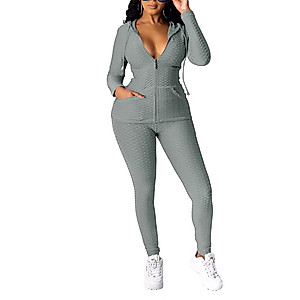 Fitness Exercise Workout Legging Clothes - Long Sleeve Zip Up Fitted Hoodies Top Long Skinny Pants Tracksuit Jogging Suits Grey S