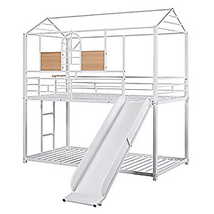 Tidyard Twin Over Twin Metal Bunk Bed,Metal Housebed with Slide,Three Colors Available.(White with White Slide) for Bedroom Dorm Guest Room Home Furniture